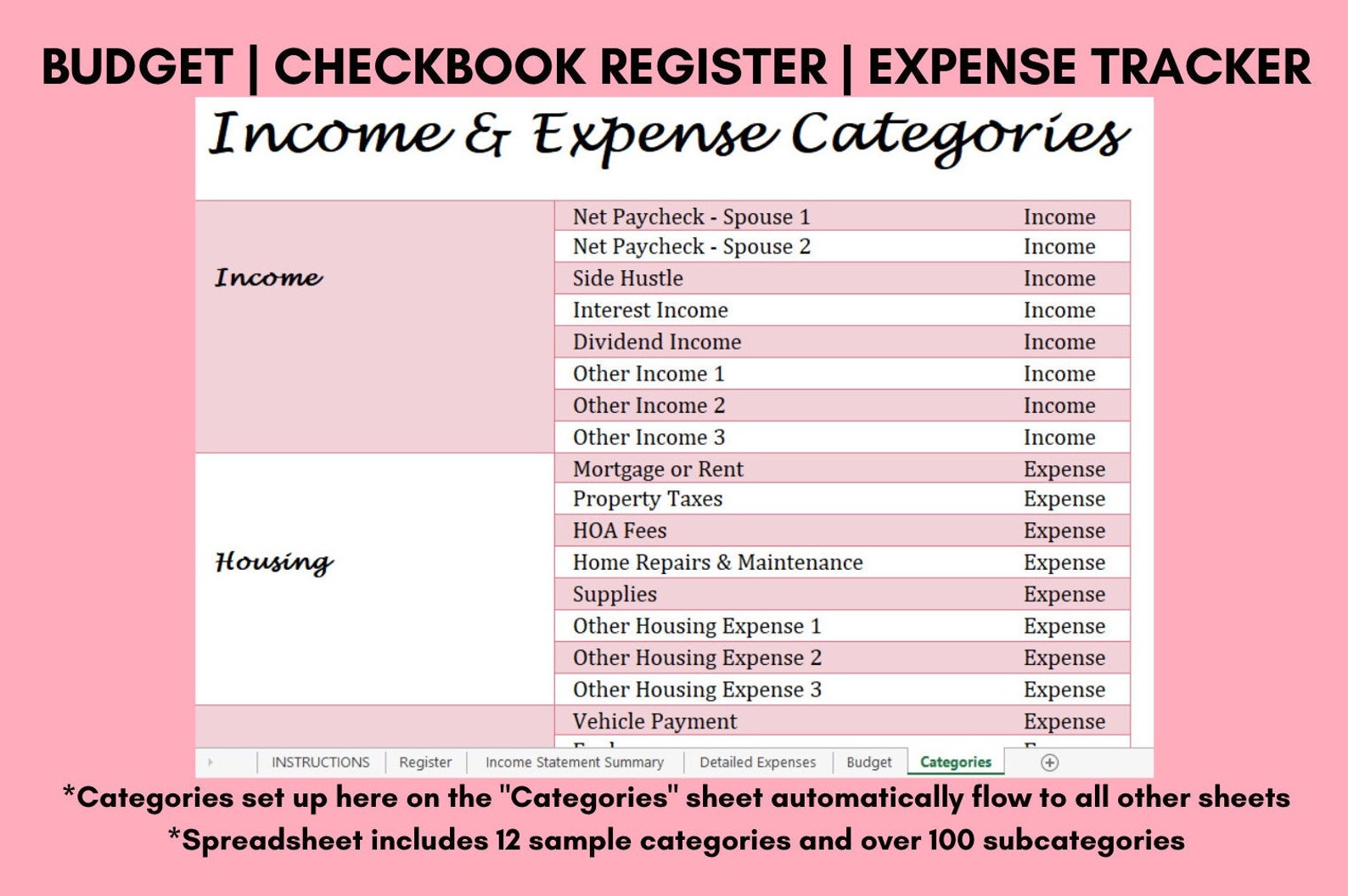 Budget & Checkbook Register/expense Tracker Excel Spreadsheet, Finance ...