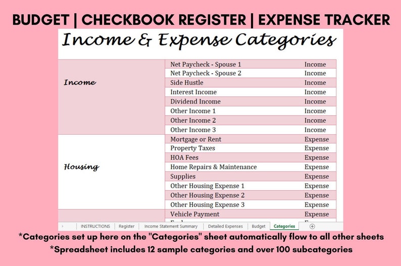 Budget & Checkbook Register/expense Tracker Excel Spreadsheet, Finance ...