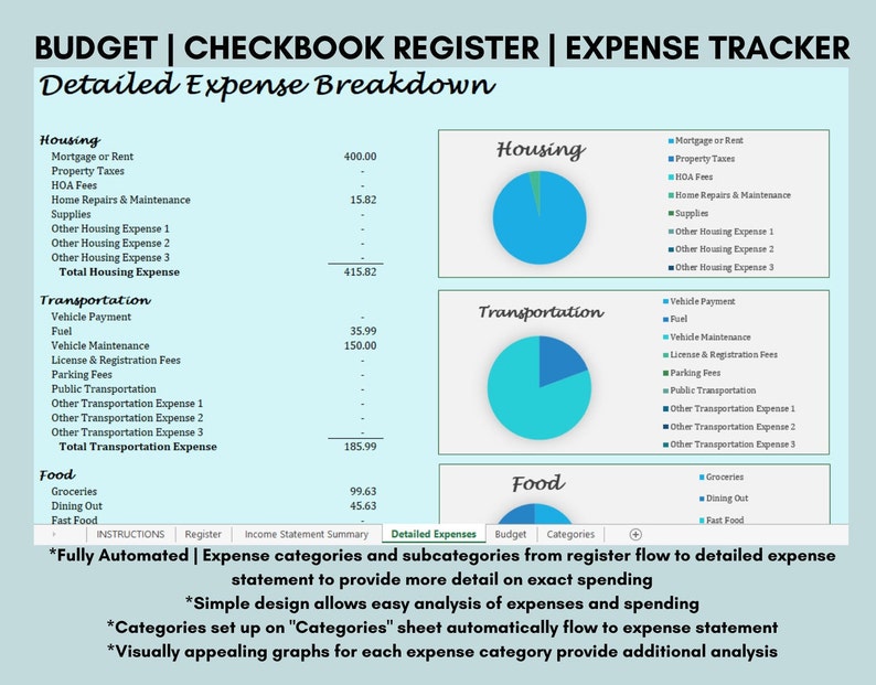 Budget & Checkbook Register/expense Tracker Excel Spreadsheet, Finance ...