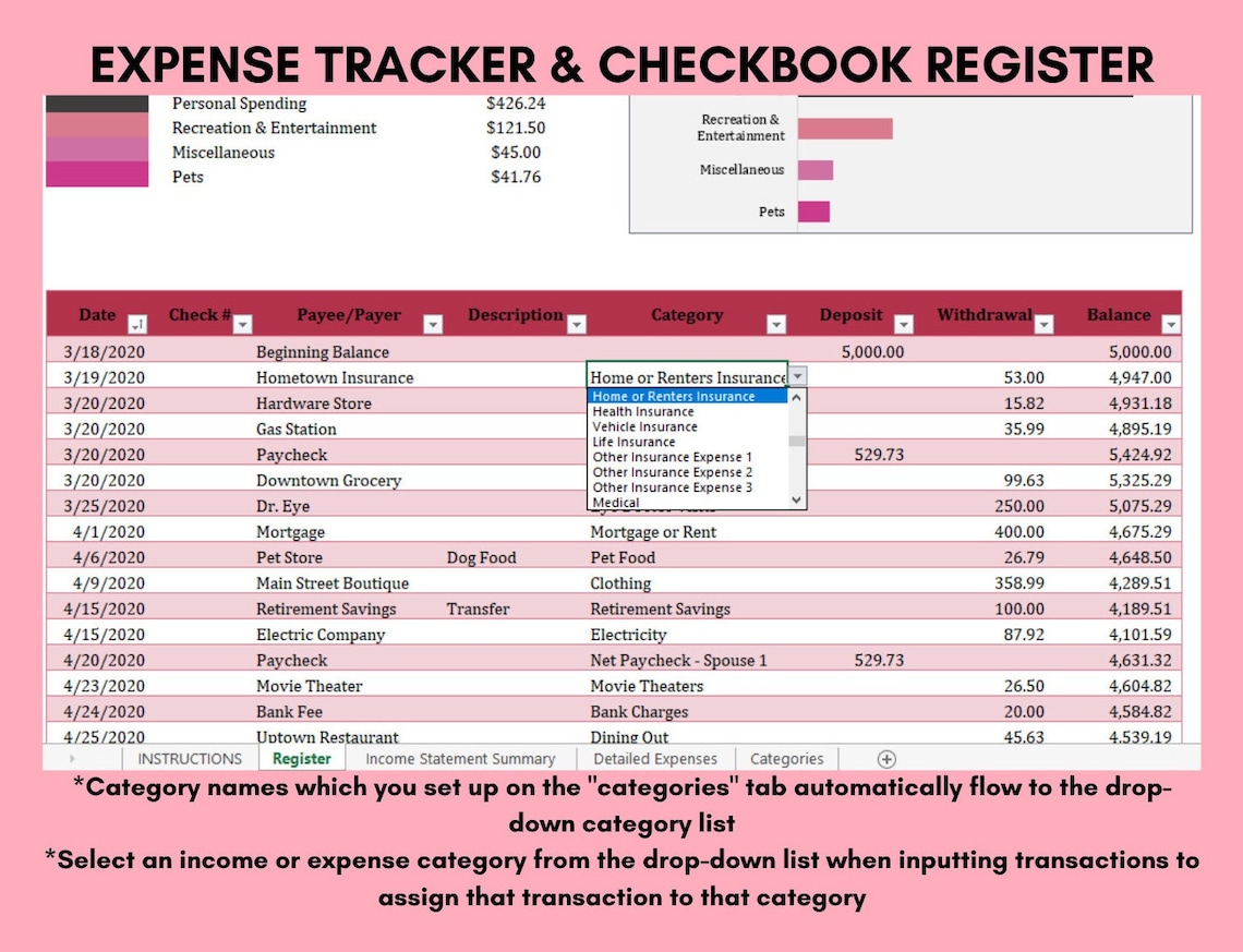 Checkbook Register & Expense Tracker Excel Spreadsheet, Finance Tracker ...