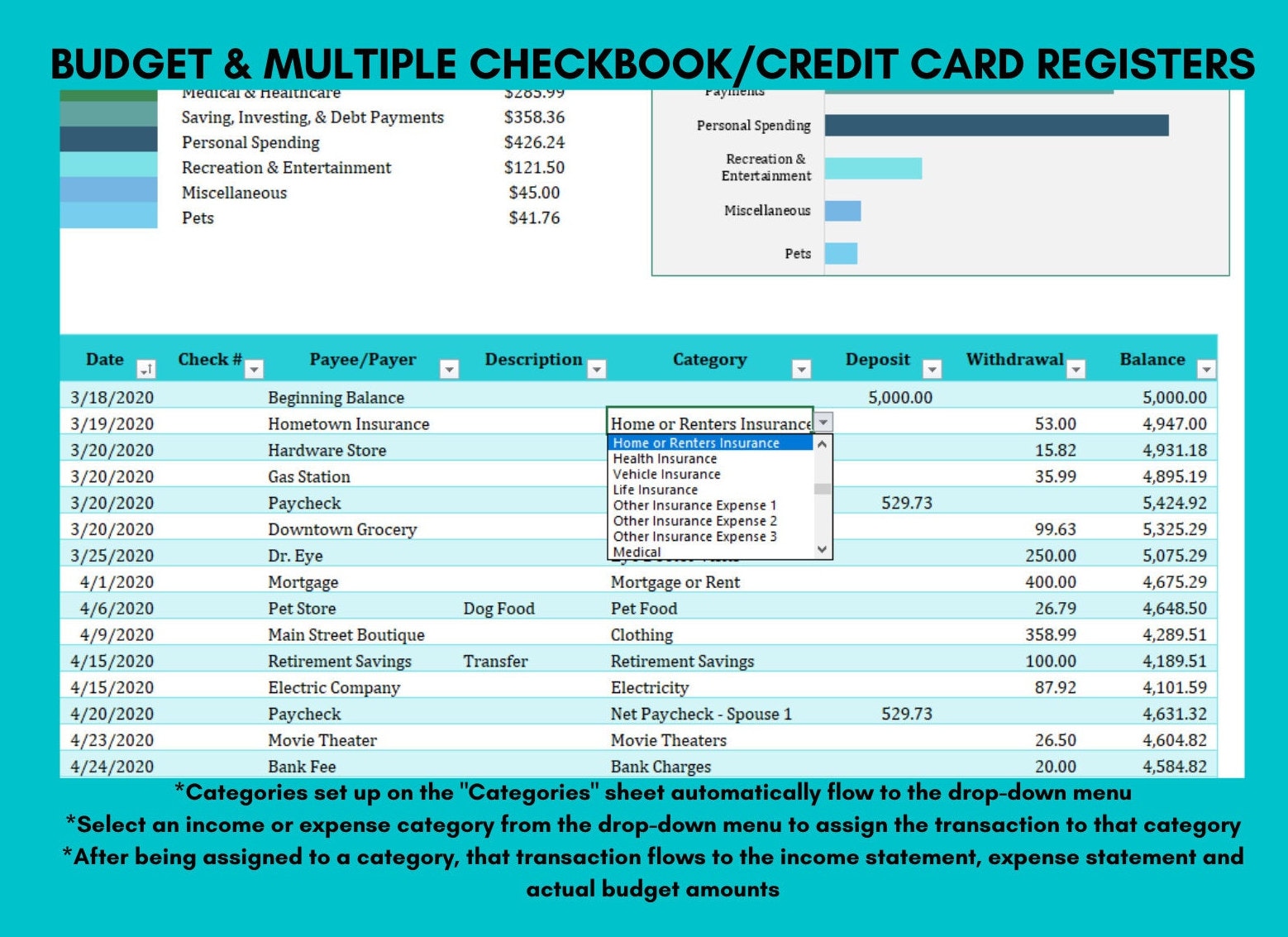 Budget, 6 Registers in 1, Checkbook and Credit Card Register and ...