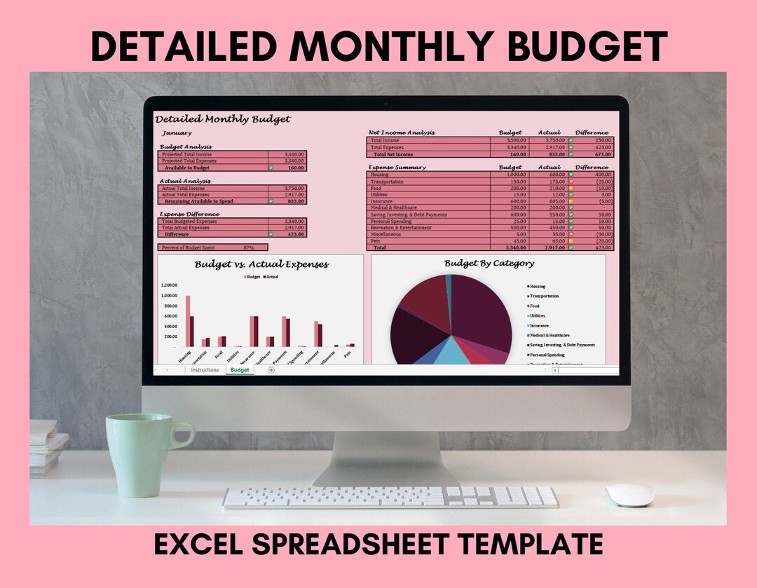 Detailed Monthly Budget | Excel Spreadsheet, Budget Template, Budget ...