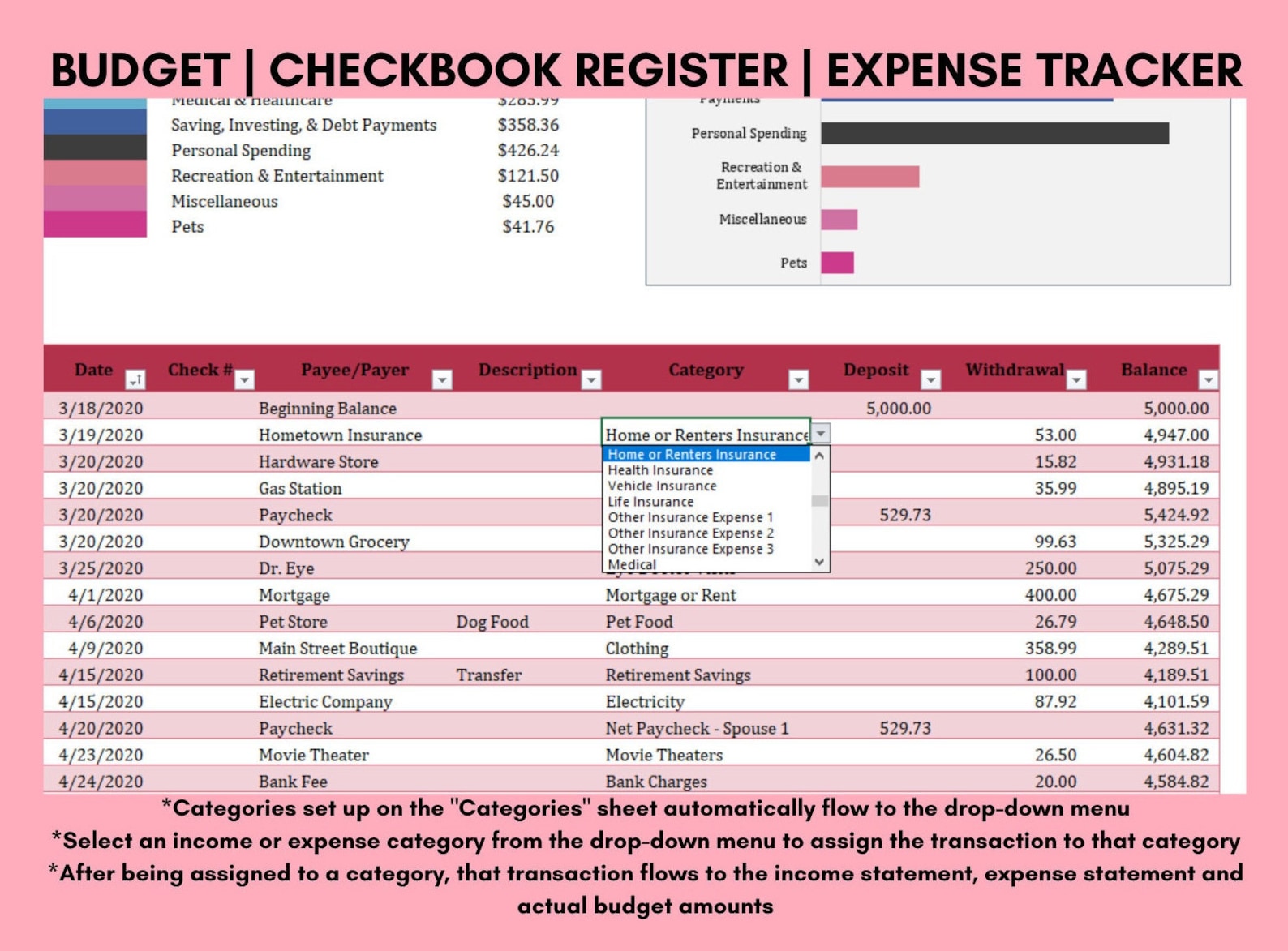 Budget & Checkbook Register/expense Tracker Excel Spreadsheet, Finance ...