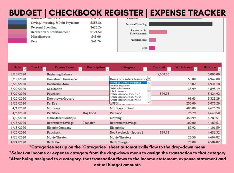 Budget & Checkbook Register/expense Tracker Excel Spreadsheet, Finance ...