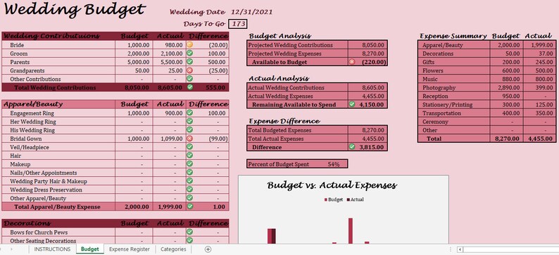 Wedding Budget Excel Wedding Expense Tracker Wedding Budget | Etsy
