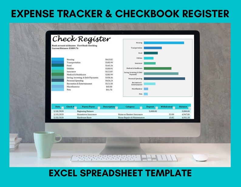 Checkbook Register & Expense Tracker Excel Spreadsheet, Finance Tracker ...