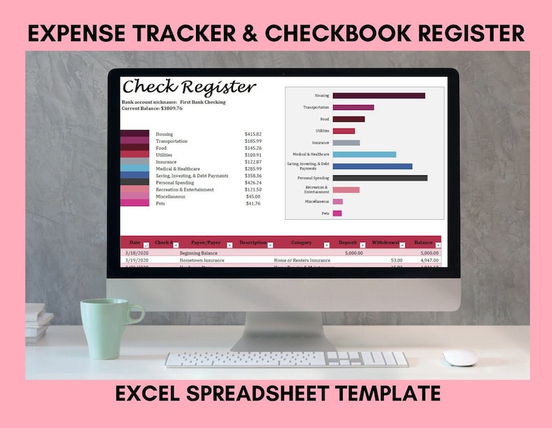 Checkbook Register & Expense Tracker Excel Spreadsheet, Finance Tracker ...