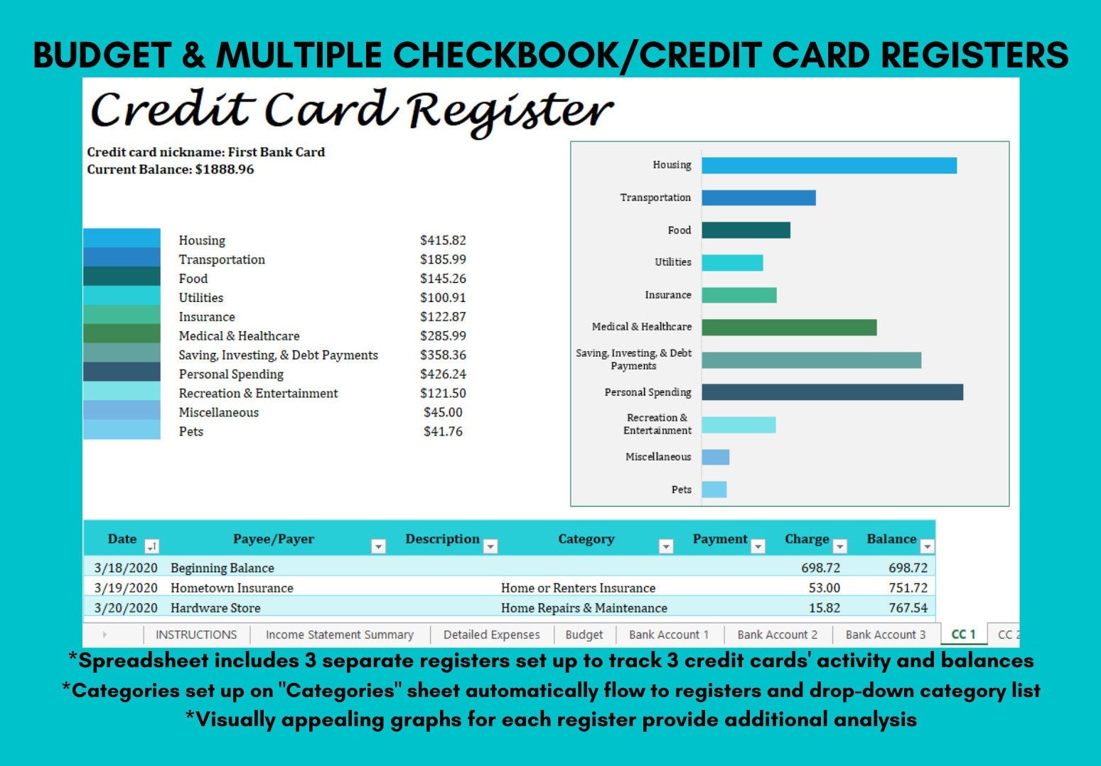 Budget, 6 Registers in 1, Checkbook and Credit Card Register and ...