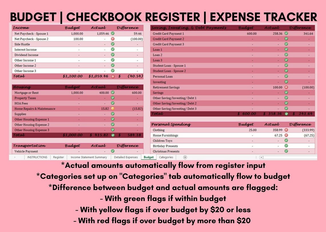 Budget & Checkbook Register/expense Tracker Excel Spreadsheet, Finance ...