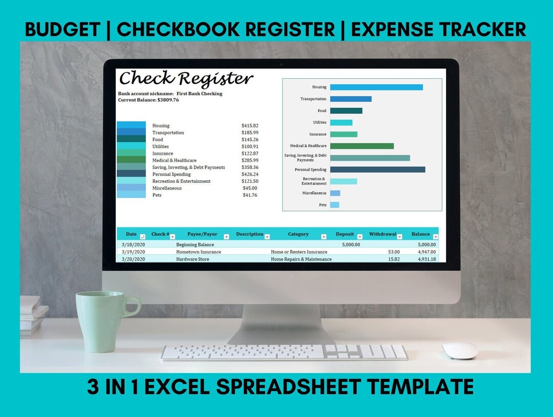 Budget & Checkbook Register/expense Tracker Excel Spreadsheet, Finance ...