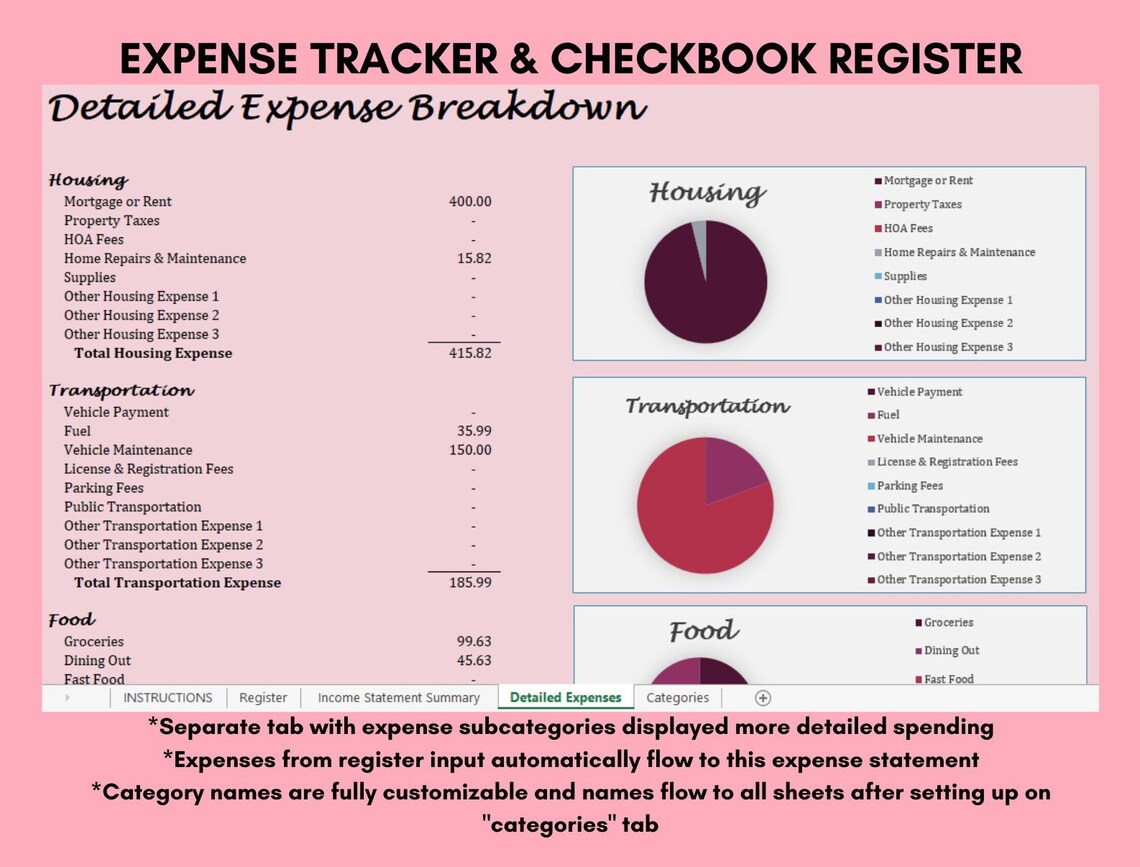 Checkbook Register & Expense Tracker Excel Spreadsheet, Finance Tracker ...