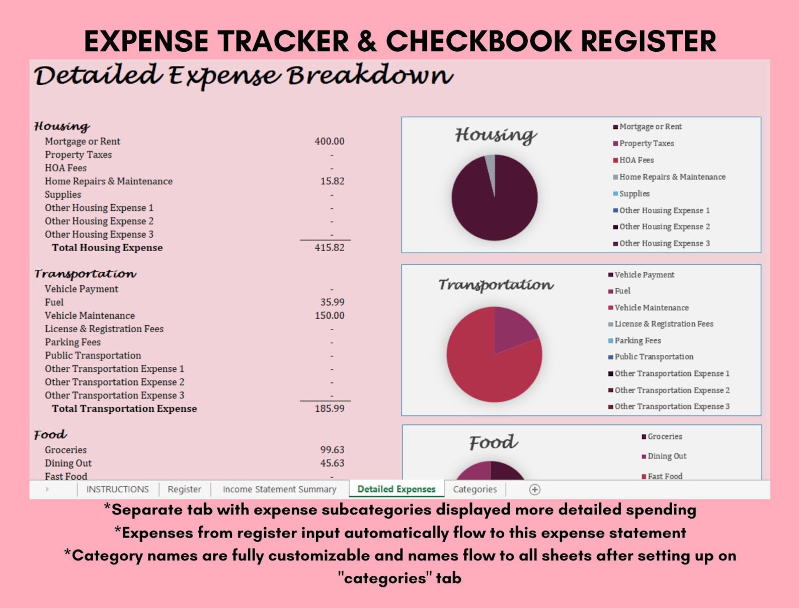 Checkbook Register & Expense Tracker Excel Spreadsheet, Finance Tracker ...