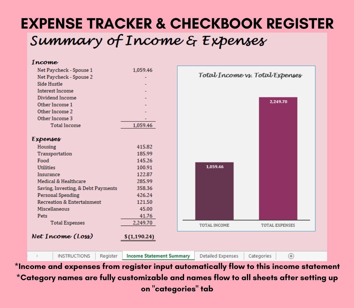 Checkbook Register & Expense Tracker Excel Spreadsheet, Finance Tracker ...