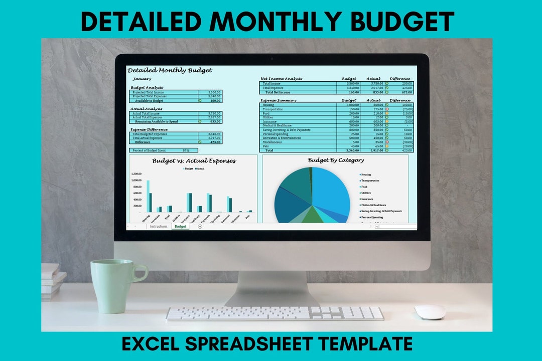 Detailed Monthly Budget | Excel Spreadsheet, Budget Template, Budget ...