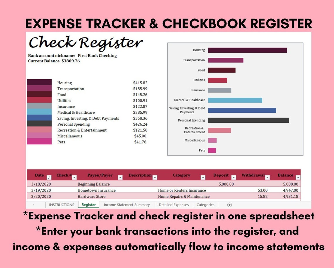Checkbook Register & Expense Tracker Excel Spreadsheet, Finance Tracker ...