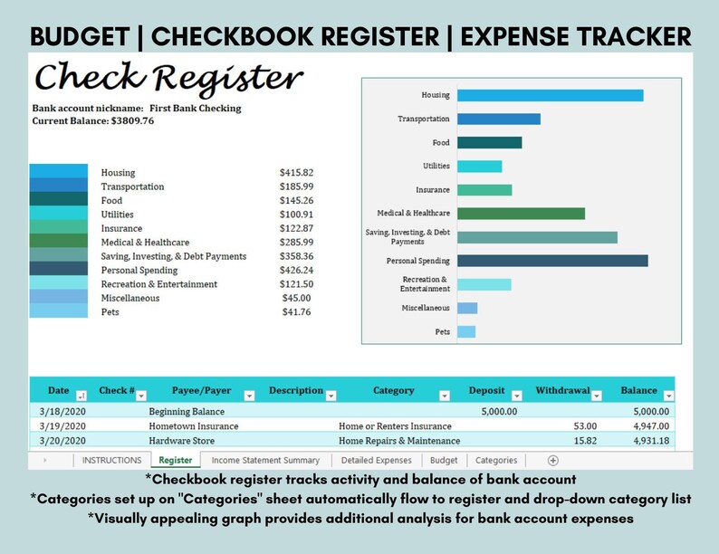 Budget & Checkbook Register/expense Tracker Excel Spreadsheet, Finance ...