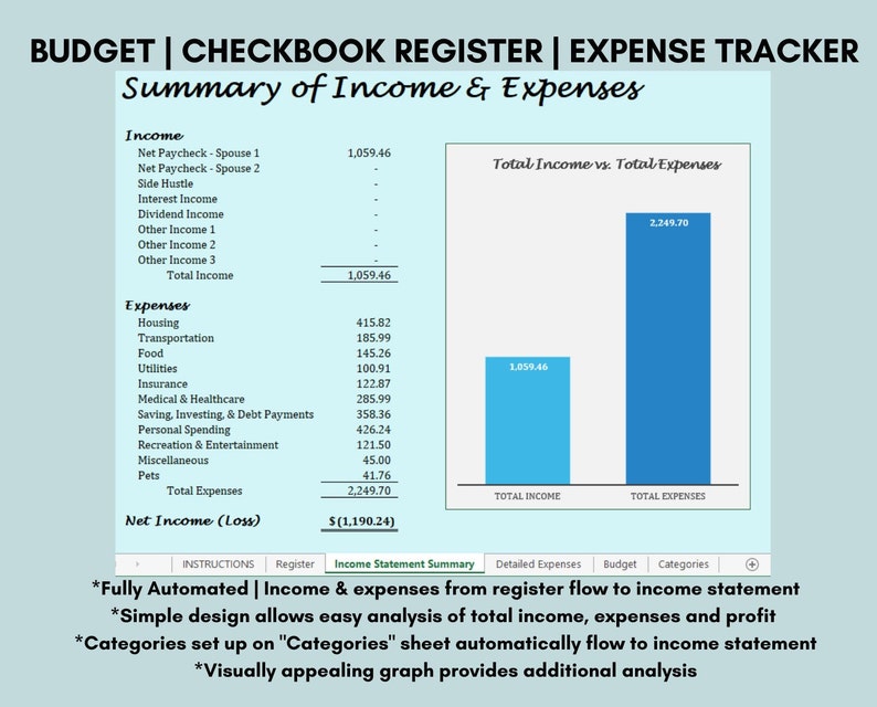 Budget & Checkbook Register/expense Tracker Excel Spreadsheet, Finance ...