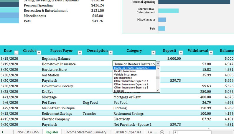 Checkbook Register & Expense Tracker Excel Spreadsheet, Finance Tracker ...