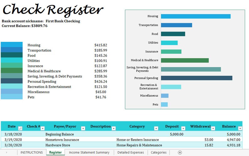 Checkbook Register & Expense Tracker Excel Spreadsheet, Finance Tracker ...