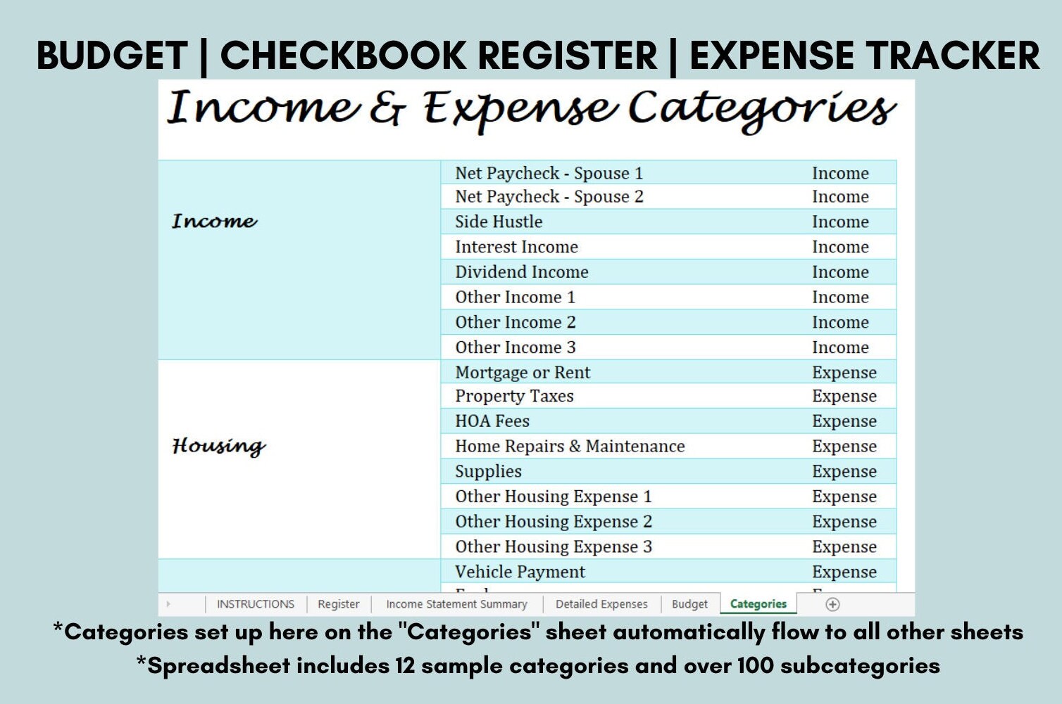 Budget & Checkbook Register/expense Tracker Excel Spreadsheet, Finance ...