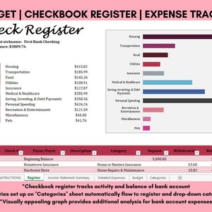 Budget & Checkbook Register/expense Tracker Excel Spreadsheet, Finance ...