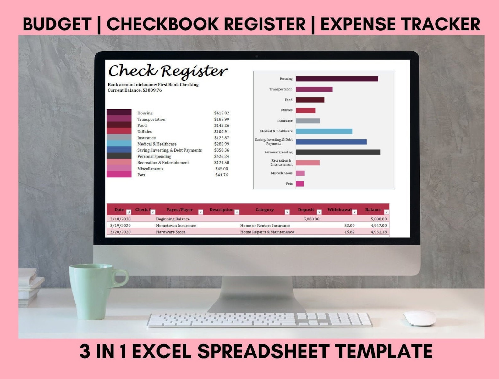 Budget & Checkbook Register/expense Tracker Excel Spreadsheet, Finance ...