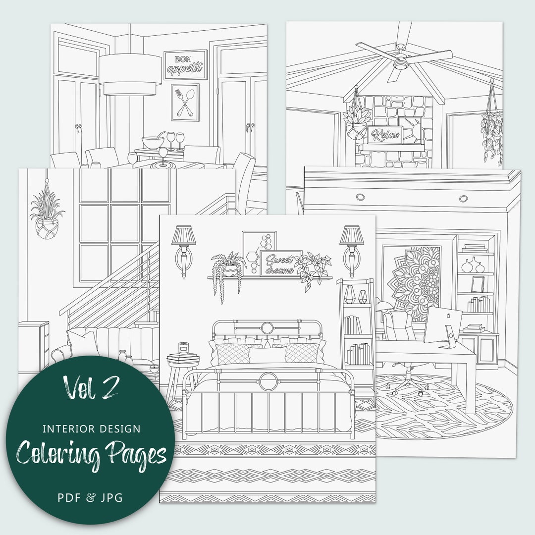 Interior Design Coloring Pages (vol 2), Printable Adult Coloring Pages ...