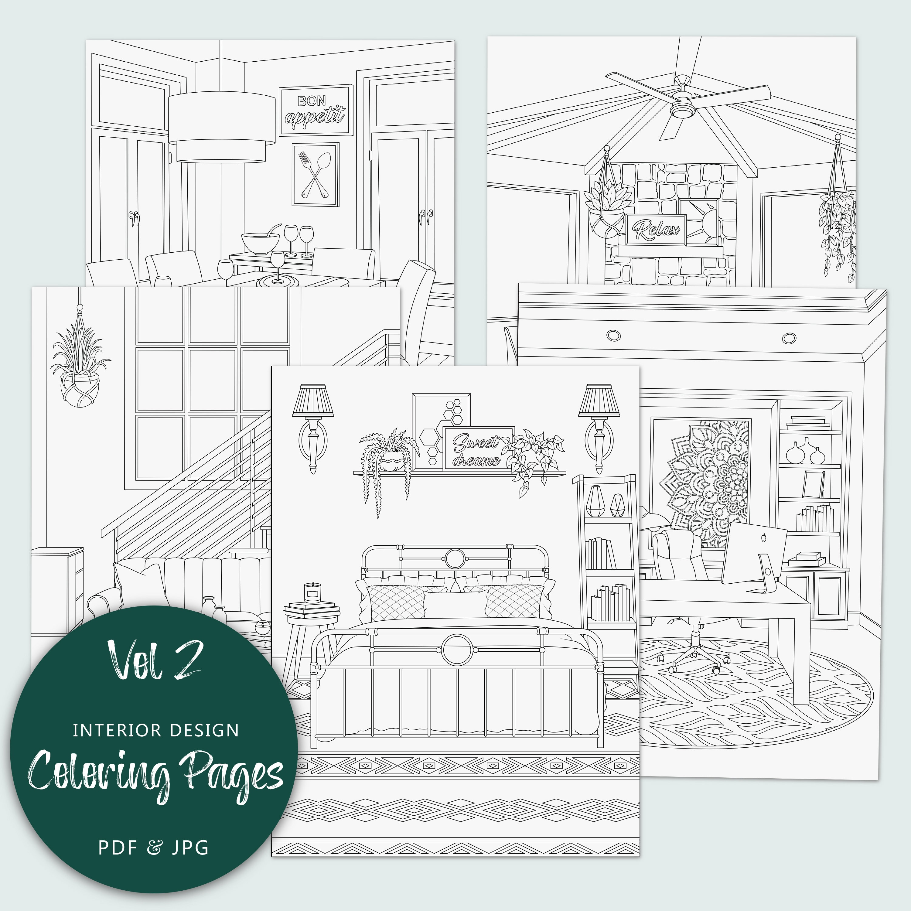 Interior Design Coloring Pages (vol 2), Printable Adult Coloring Pages ...