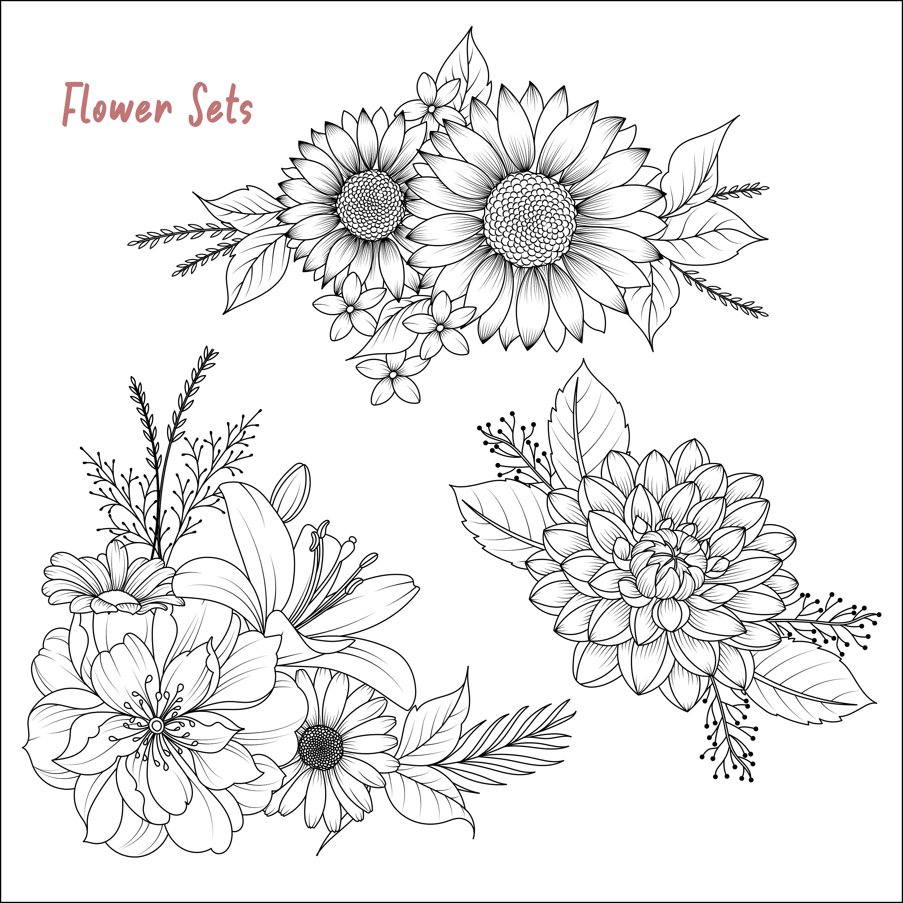 Hand Drawn Flower Sets, Individual Flowers, Leaves, Stalks and Wreaths ...