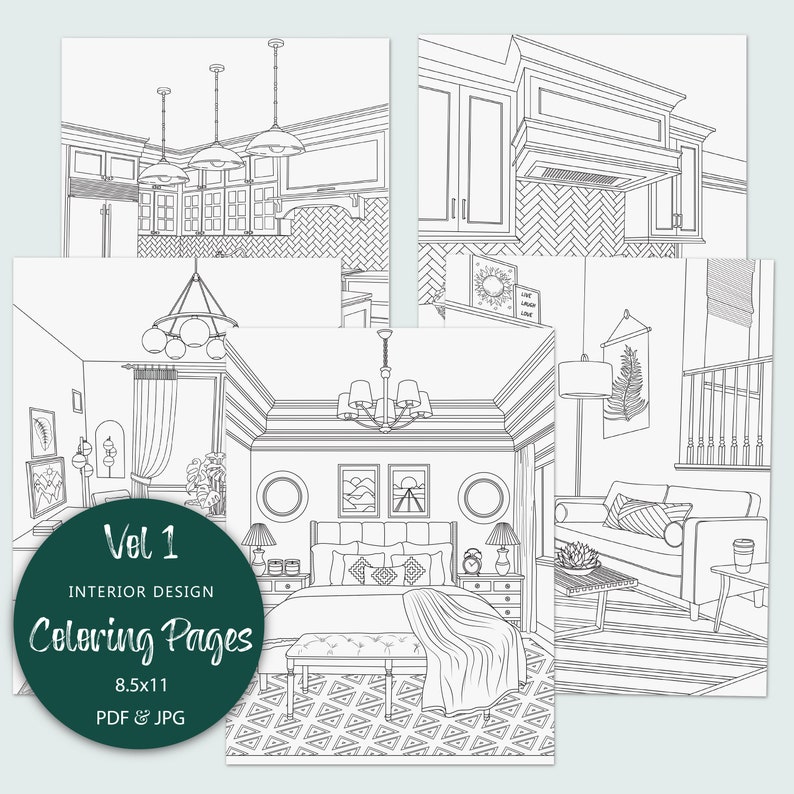 Interior Design Coloring Pages (vol 1), Printable Adult Coloring Pages ...