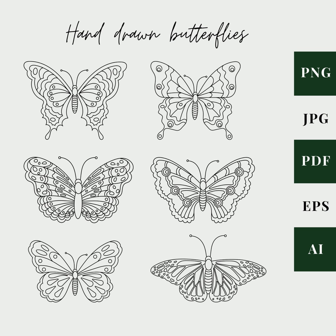 Hand Drawn Butterflies, Butterfly Clipart, Line Art, Set of 6 PNG, JPG ...