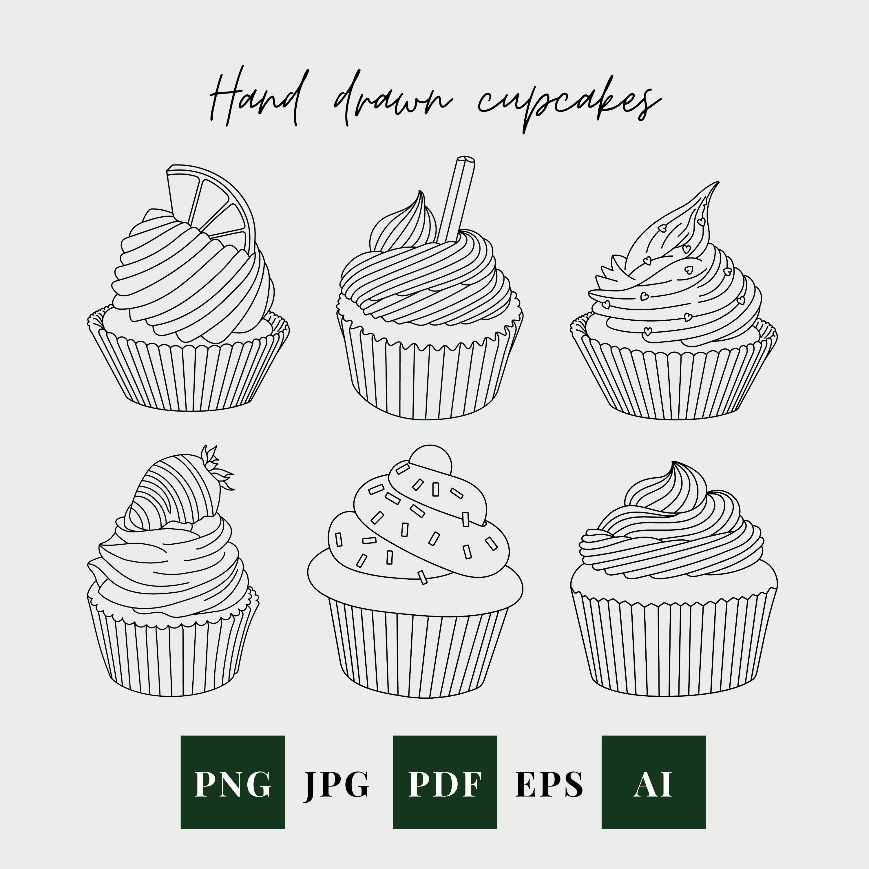 Cupcakes Clipart, Hand Drawn Cupcakes, Line Art, Set of 6 PNG, JPG, PDF ...