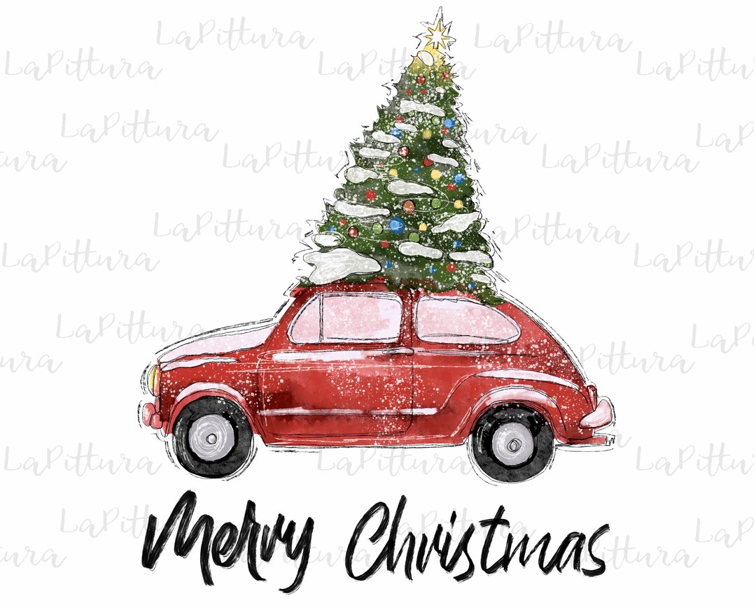 Watercolor Vintage Red Christmas Car Clipart PNG. New Year. Holiday ...