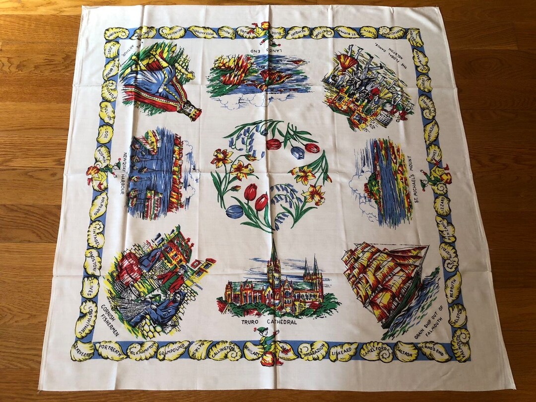 Vintage Cornwall England Tablecloth Bright Graphics - Etsy