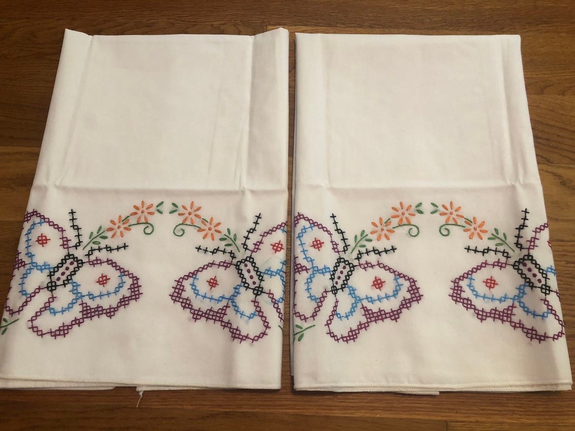 2 Vintage Embroidered Cross Stitch Pillowcases Butterflies Set - Etsy