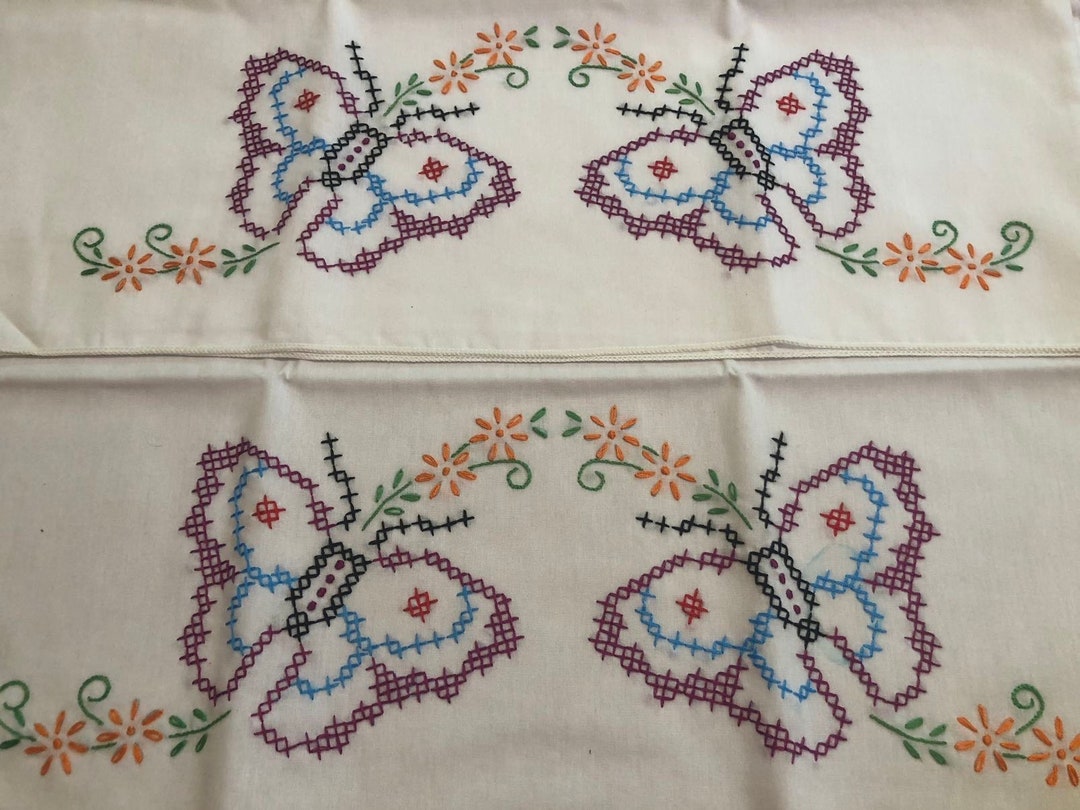 2 Vintage Embroidered Cross Stitch Pillowcases Butterflies Set - Etsy