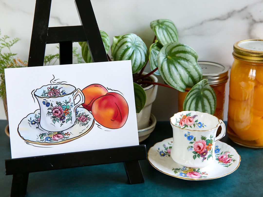 Peach Tea Cup Vintage Art Print Fruit Illustration Vintage - Etsy