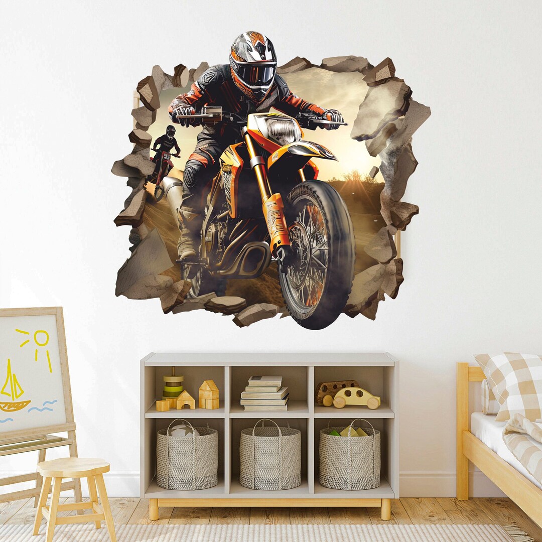 Motorcyclist 3D Wall Decal, Motorbike Wall Sticker, Motocross Bike ...