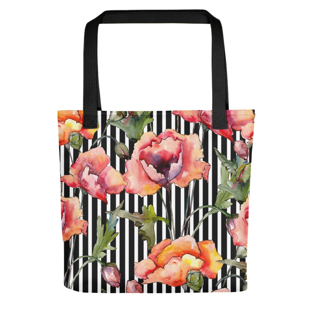 Poppy Print Tote Bag: Floral Watercolor Design, Striped Pattern - Etsy