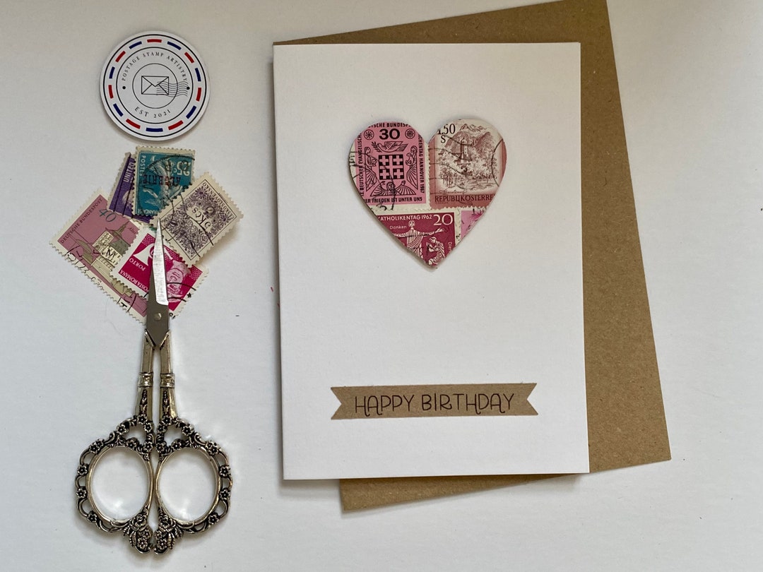 Postage Stamp Birthday Card/happy Birthday/heart/various Colours ...