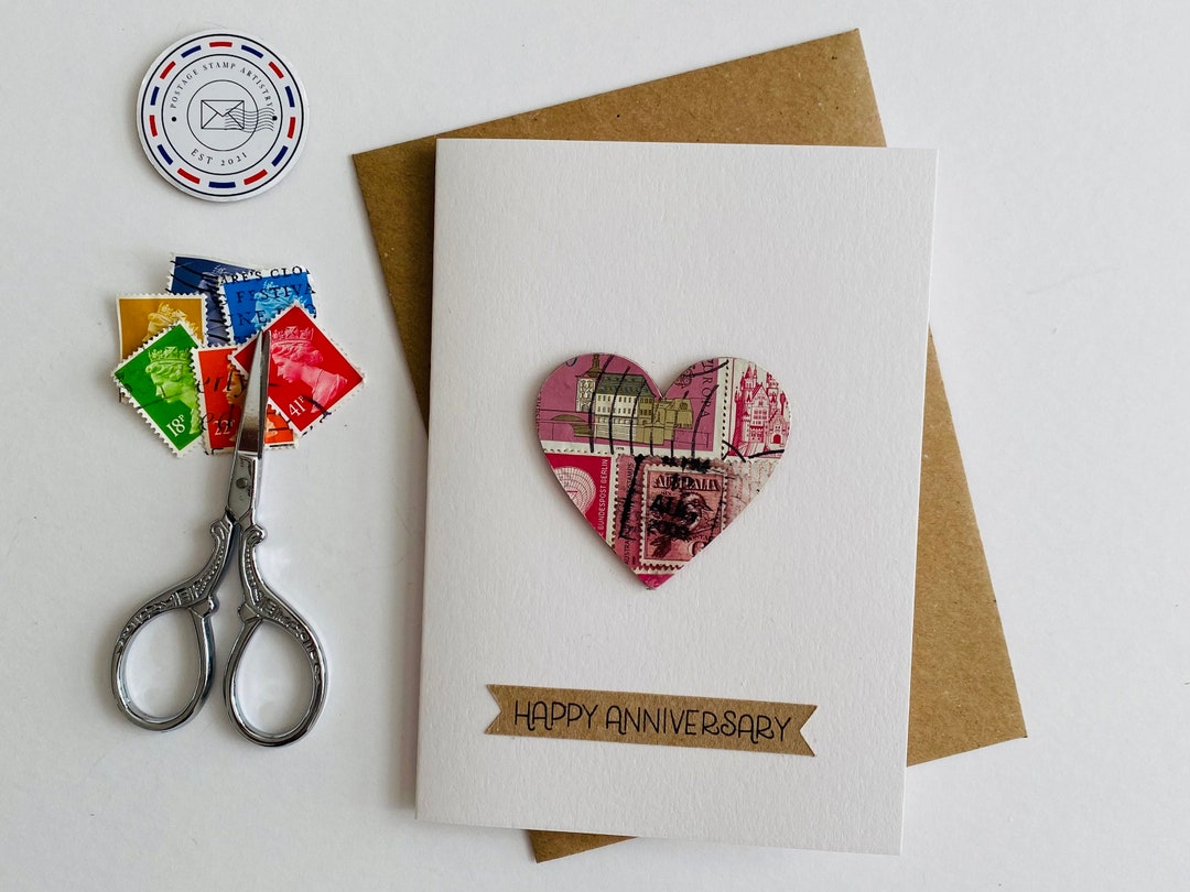 Postage Stamp Happy Anniversary Card/various Colours/handmade/vintage ...