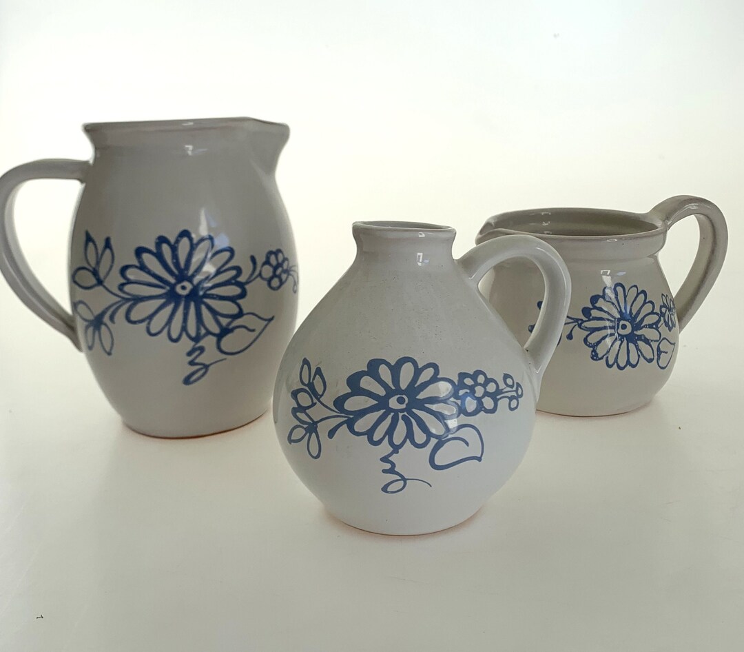 Set of 3 White Floral Ceramic Pitchers Set of Pitchers Rustic Jugs 3 ...