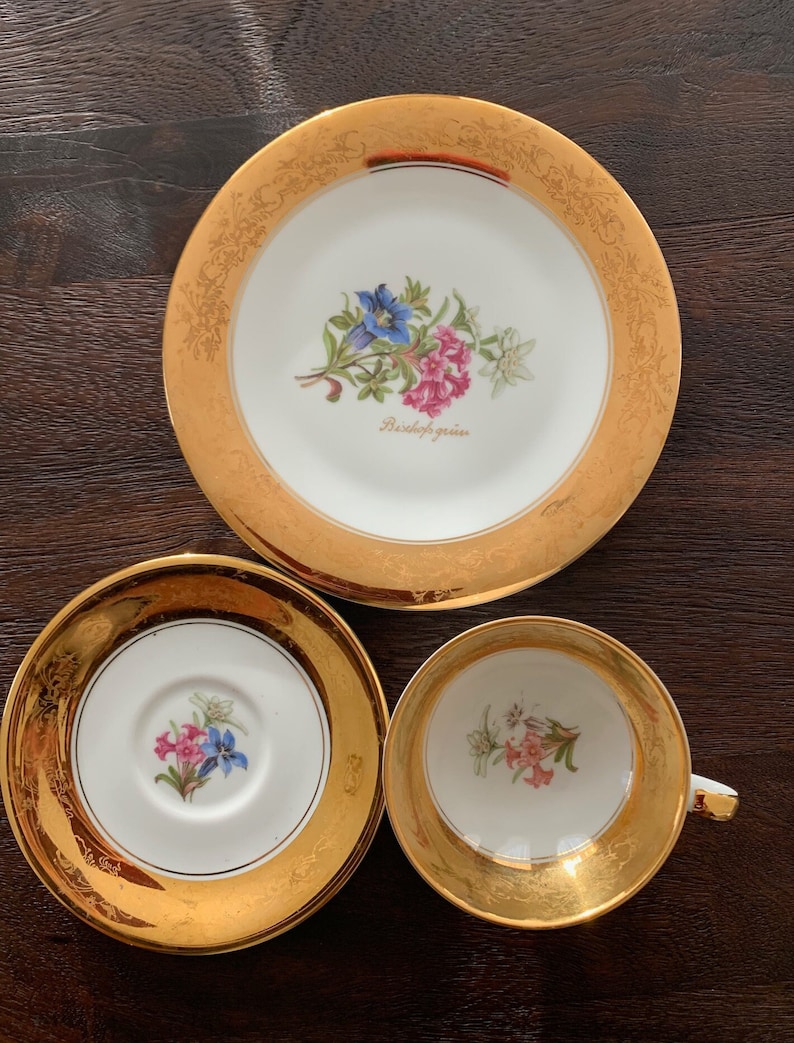 Vintage Bavarian Porcelain Tea Trio Germany Porcelain Cup Saucer Dessert Plate Gold and White ...