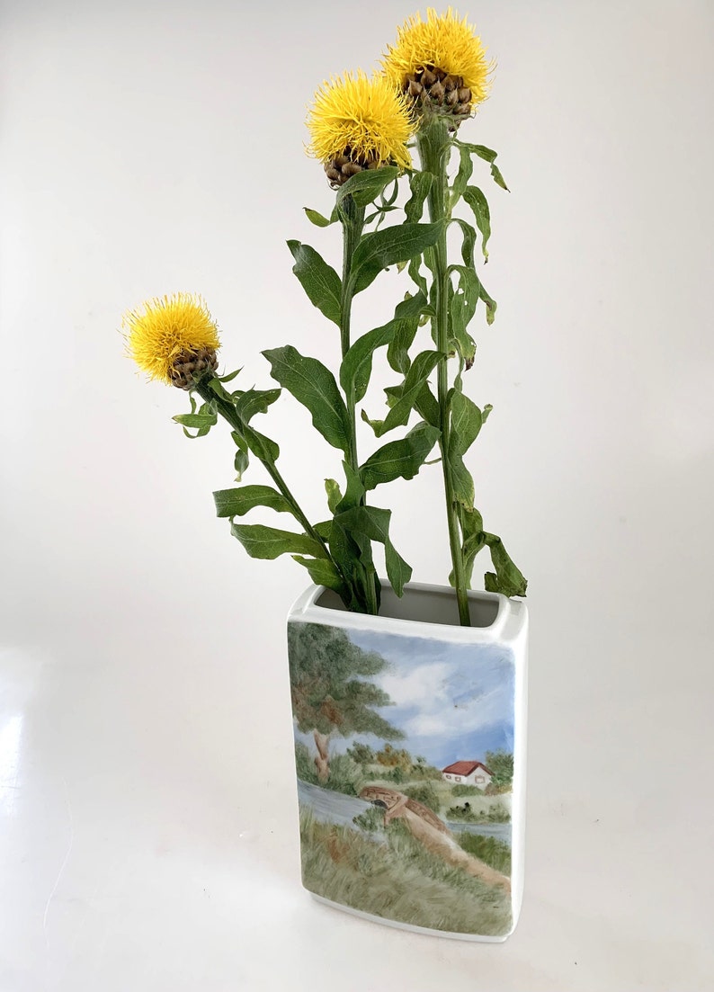 Vintage White Porcelain Vase Hand Painted Country Landscape Vase Signed ...