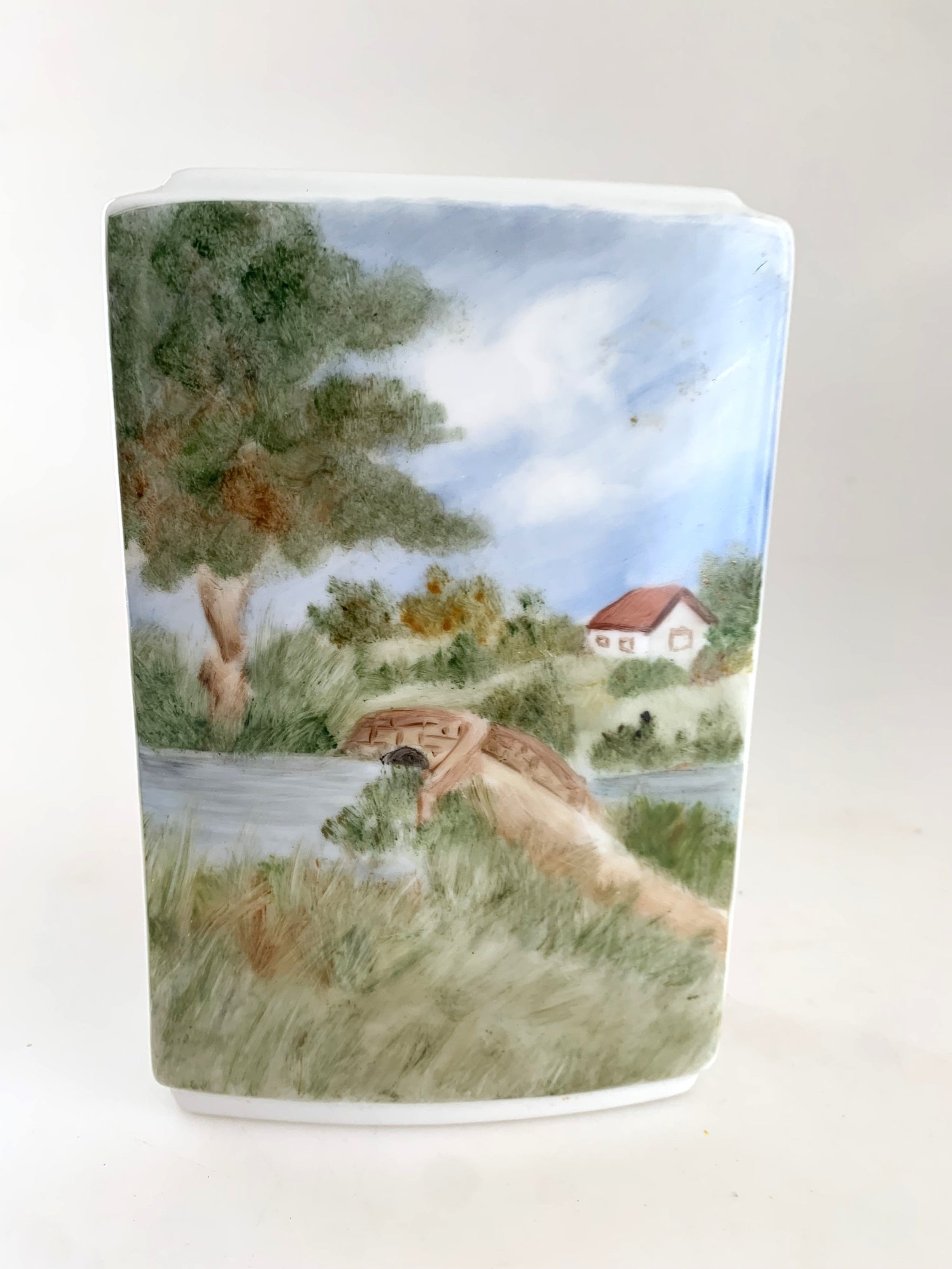Vintage White Porcelain Vase Hand Painted Country Landscape Vase Signed ...