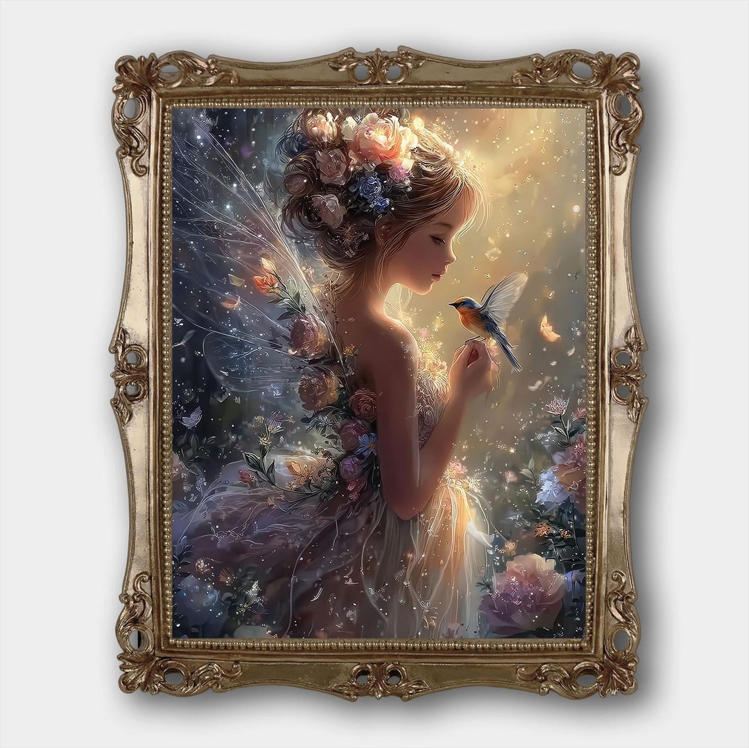 Fairy Girl With Bird Art Print: Whimsical Fairycore Decor (digital ...