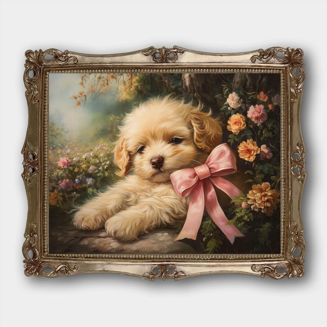 Puppy Dog Digital Download Print Original Cottagecore Floral Fine Art ...