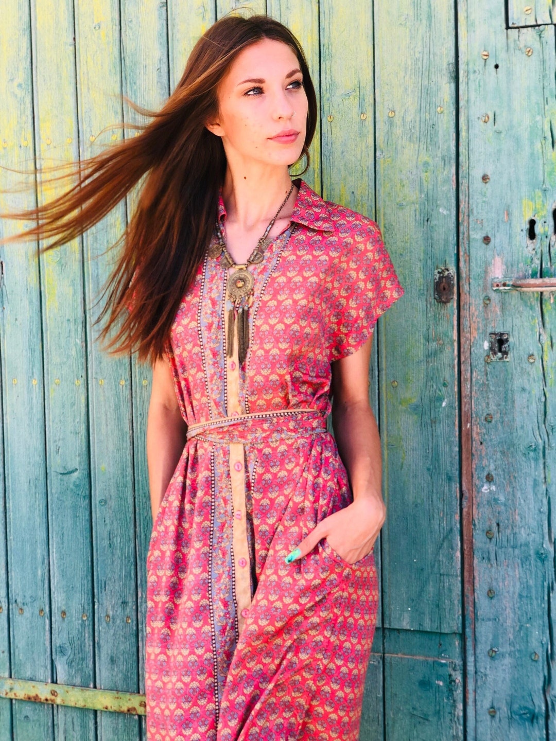 BUTTON FRONT DRESS, Long Shirt Silk Dress, Summer Tunic, Aesthetic Boho ...