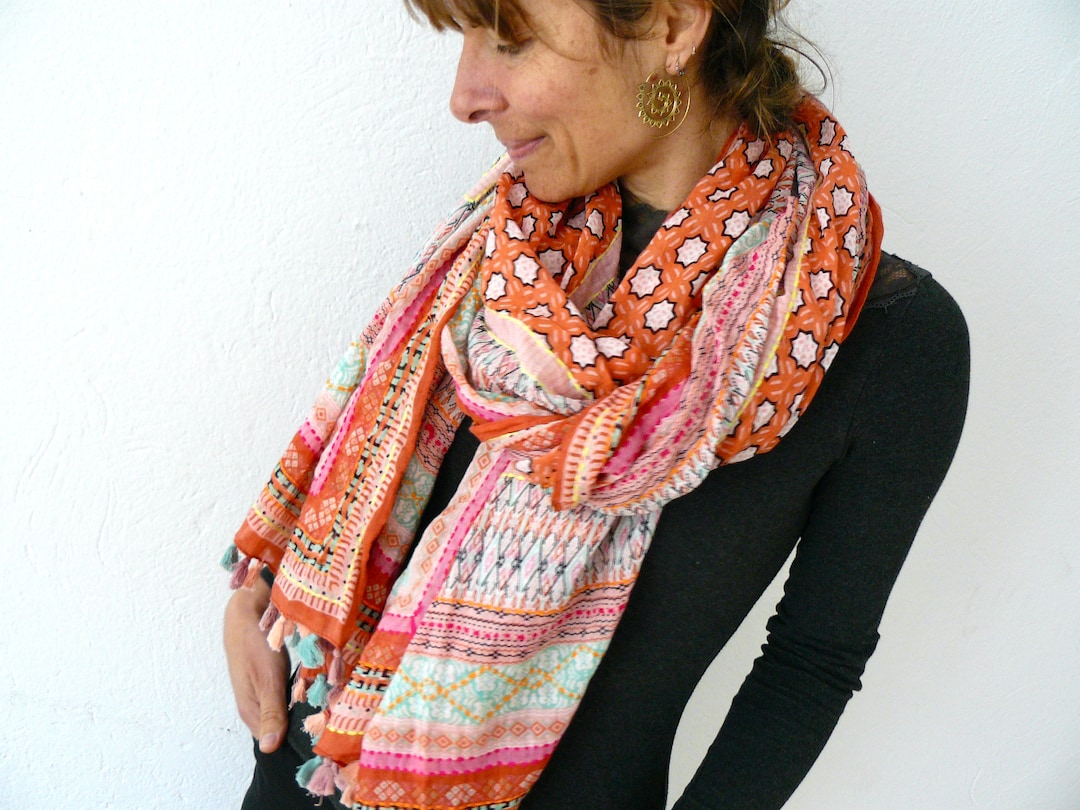 100% COTTON FOULARD Hand Embroidered, Hand Dyed SCARF, Perfect for ...