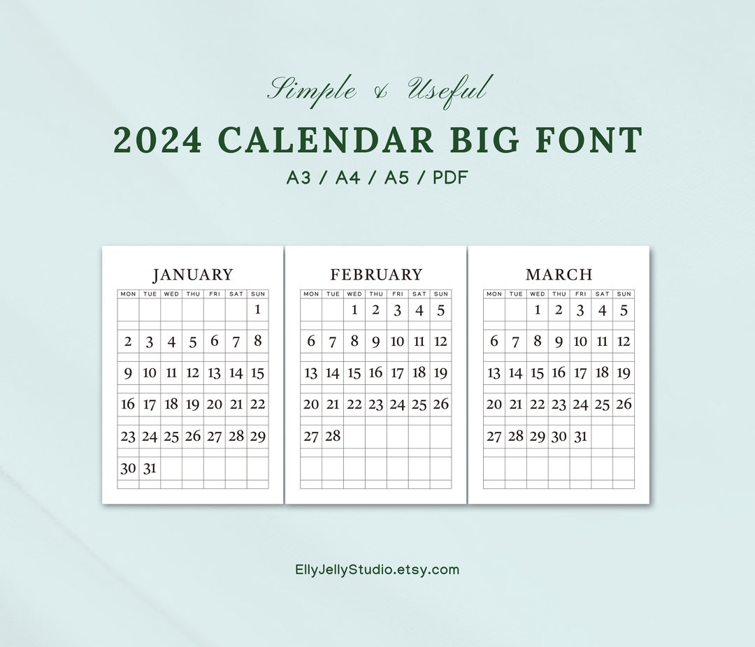 Printable 2024 Monthly Calendar Big Font,a5/a4/a3 Size,yearly Overview ...
